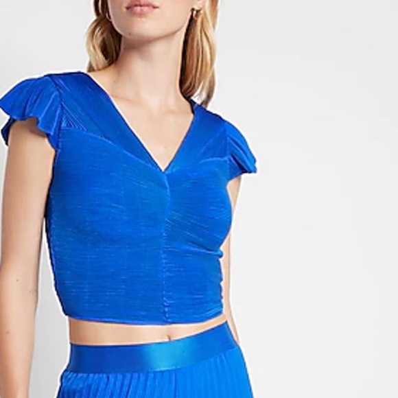 Express | Tops | Express Pleated Flutter Sleeve Blue Crop Top S | Poshmark